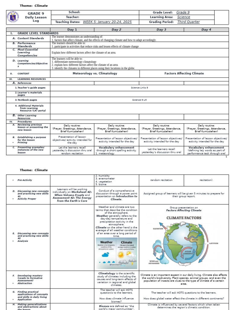 Grade 9 Climate Science Lesson Plan | PDF | Climate | Learning