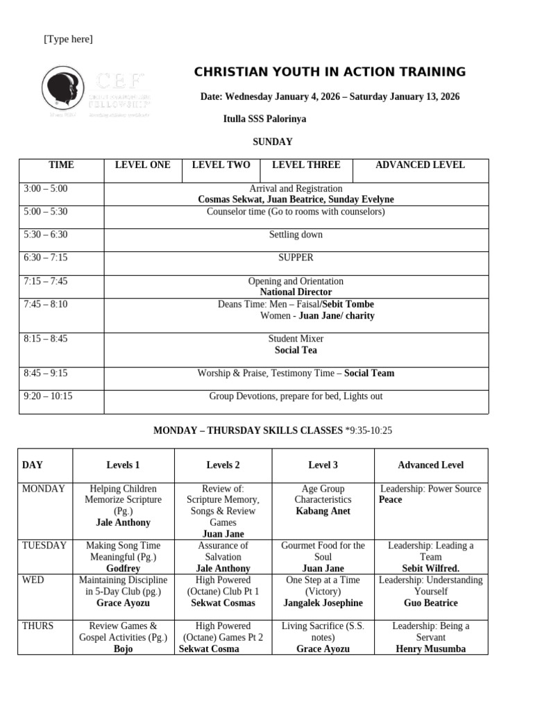 Christian Youth Training Schedule 2026 | PDF