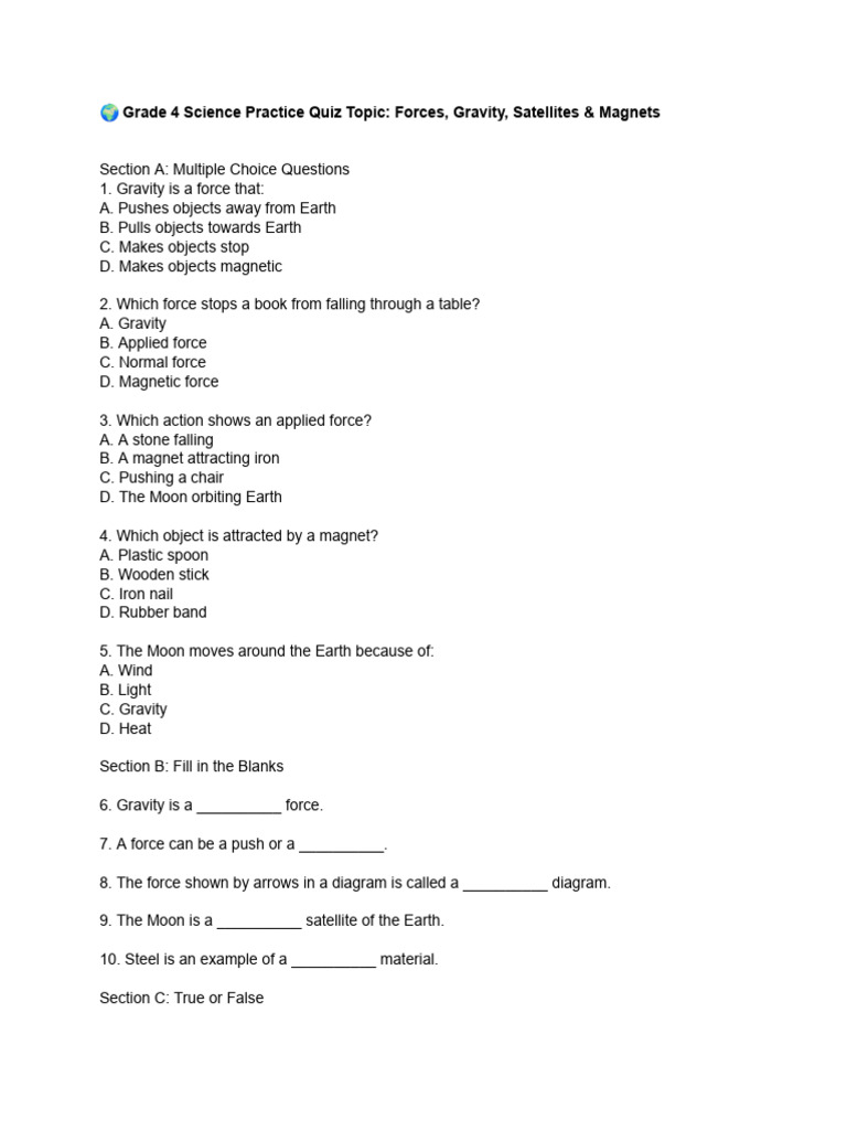 Grade 4 Science Quiz: Forces & Gravity | PDF