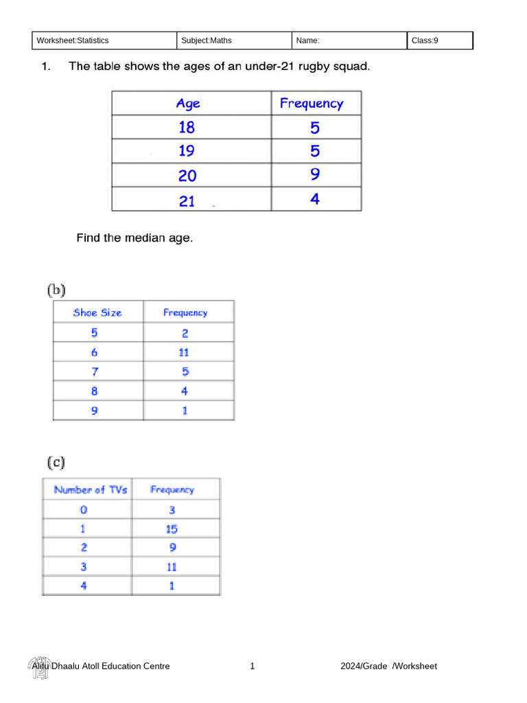 Grade 9 Statistics Worksheet | PDF