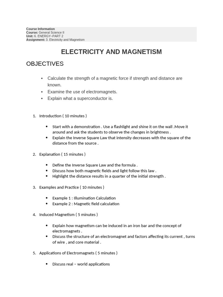 Electricity and Magnetism Course Overview | PDF