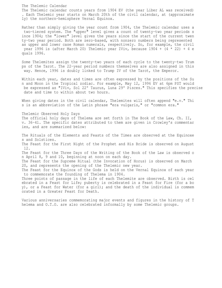 Thelemic Calendar Overview and Holy Days | PDF | Thelema | Western ...