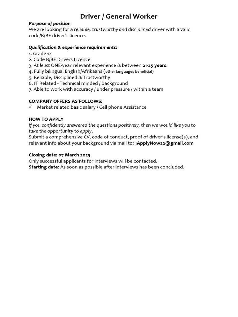 Driver/General Worker Job Opportunity | PDF
