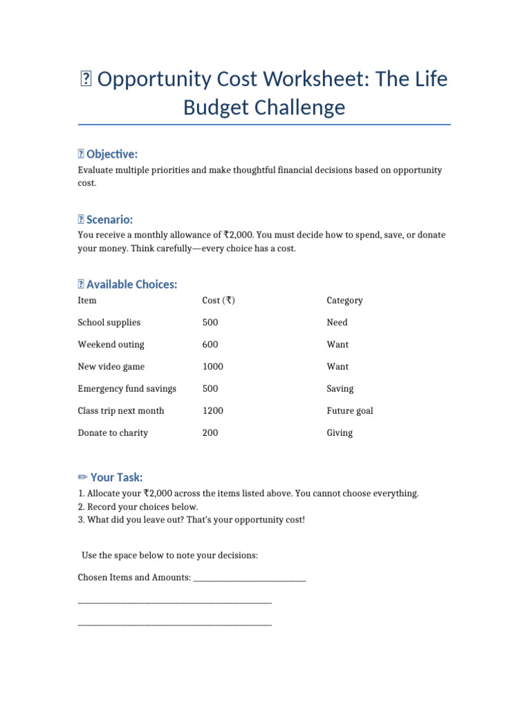 Opportunity Cost Budgeting Worksheet | PDF