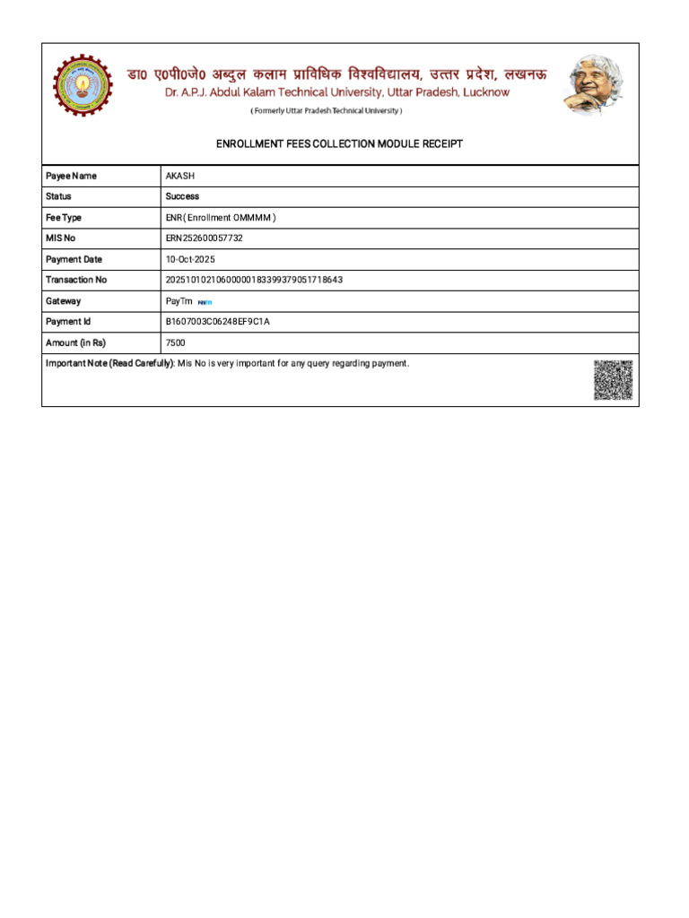 Enrollment Fees Receipt - AKASH | PDF