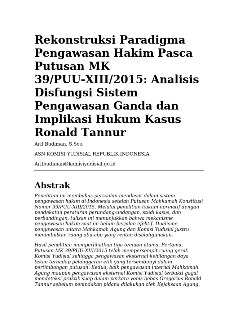 Rekonstruksi Pengawasan Hakim Pasca MK 39/PUU-XIII/2015 | PDF