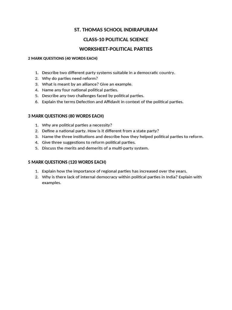 Class 10 Political Science: Political Parties Worksheet | PDF