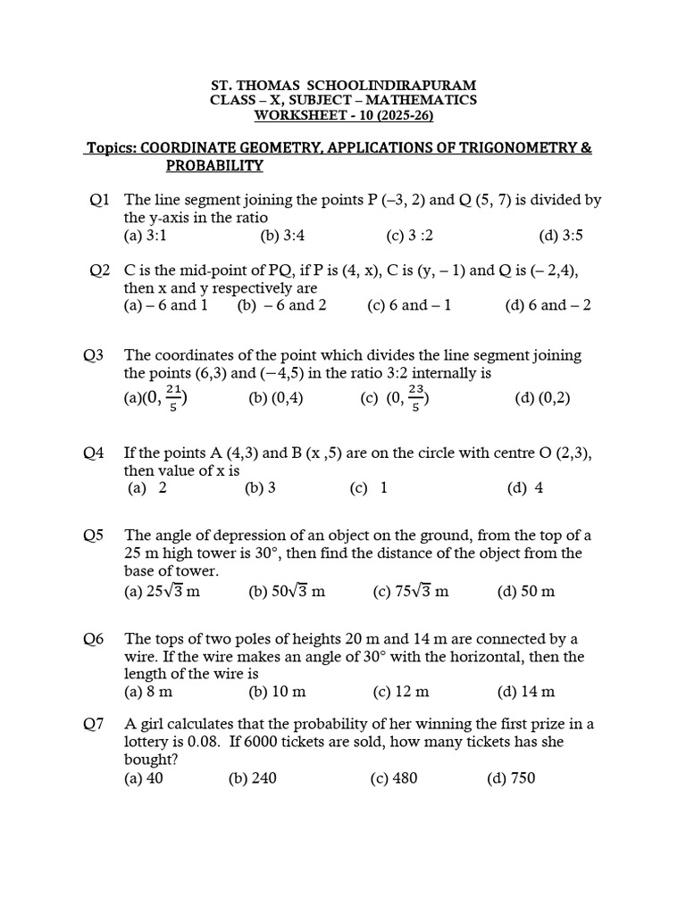 Class X Maths Worksheet - 10 (2025-26) | PDF | Cartesian Coordinate ...