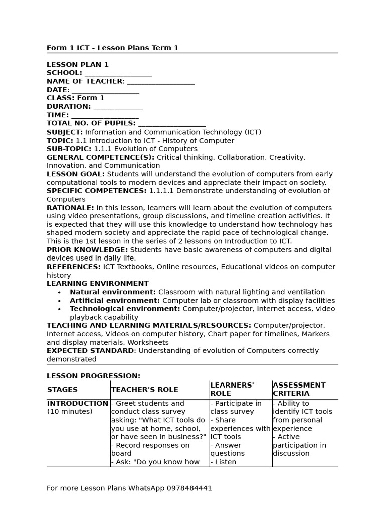Form 1 ICT Lesson Plans Overview | PDF | Educational Technology ...