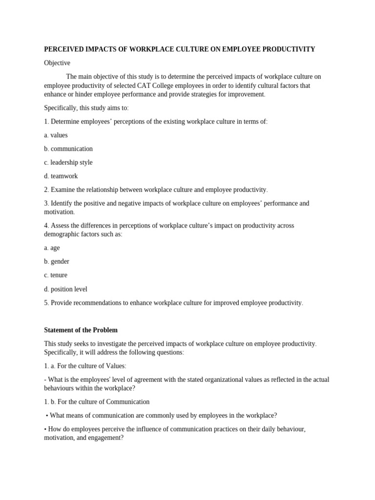Perceived Impacts of Workplace Culture on Employee Productivity Draft 1 ...