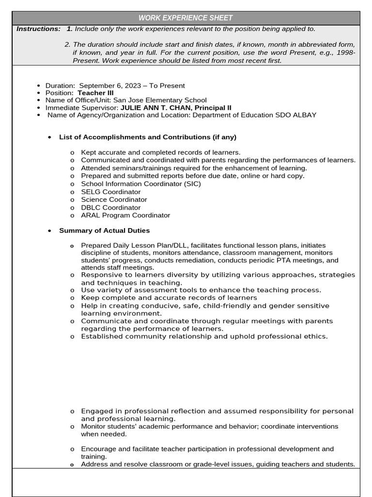 Work Experience Sheet for Teacher III | PDF | Learning | Teachers