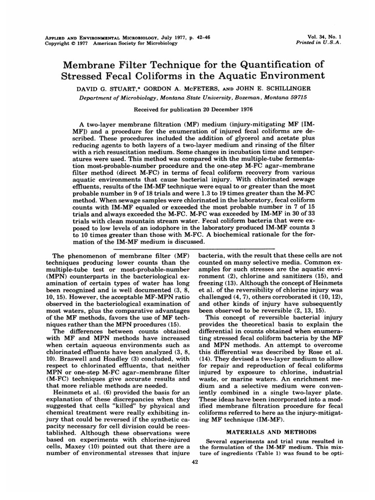 Stuart Et Al 1977 Membrane Filter Technique For The Quantification of ...