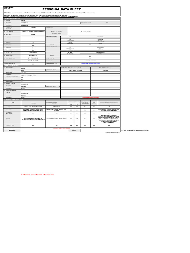 Personal Data Sheet Template | PDF