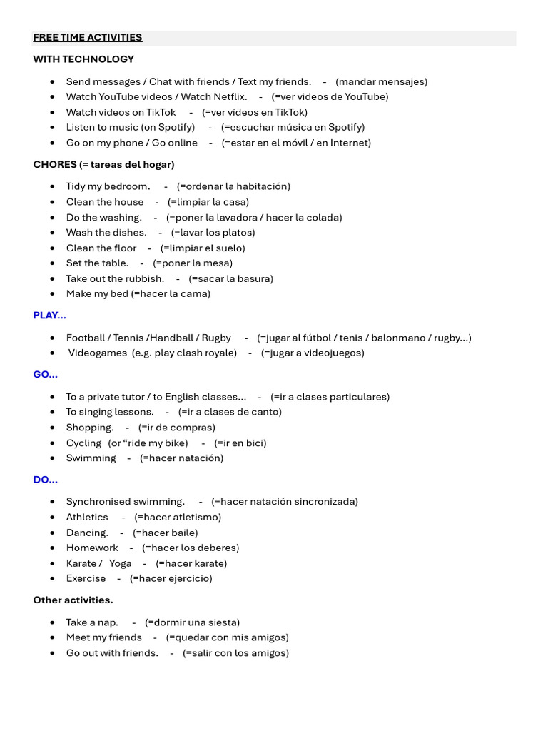 Actividades de Ocio y Tareas Cotidianas | PDF