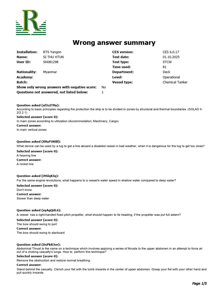 Wrong Answers Summary for STCW Test | PDF