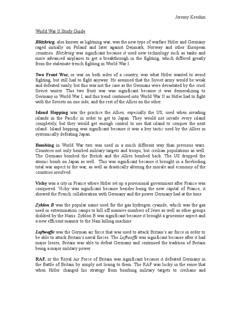 WWII Study Guide for Students | PDF | Blitzkrieg | World War II