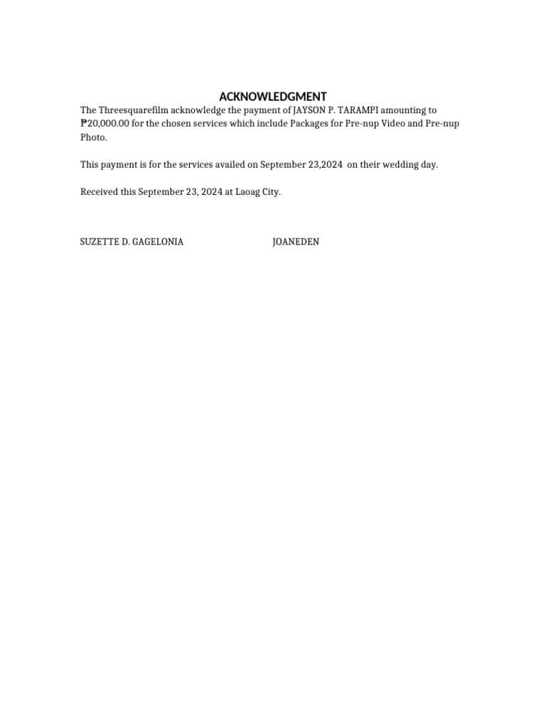 Acknowledgment of Pre-nup Payment | PDF