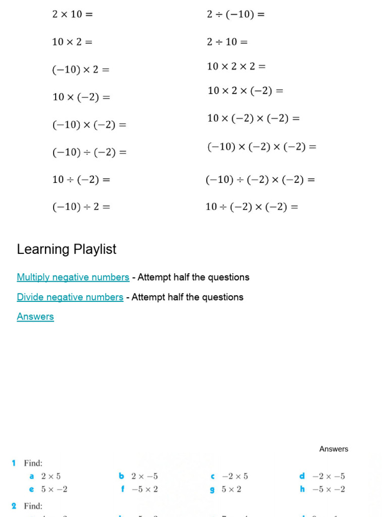 Negative Number Math Practice | PDF