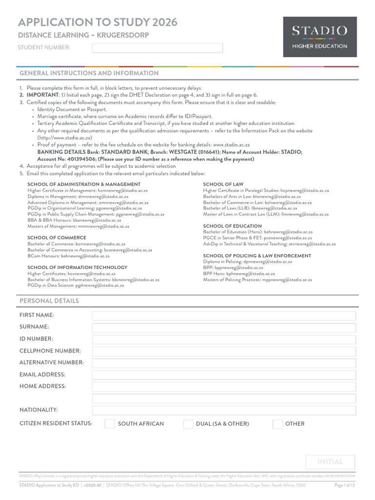 STADIO 2026 Study Application Form | PDF | Fee | Diploma