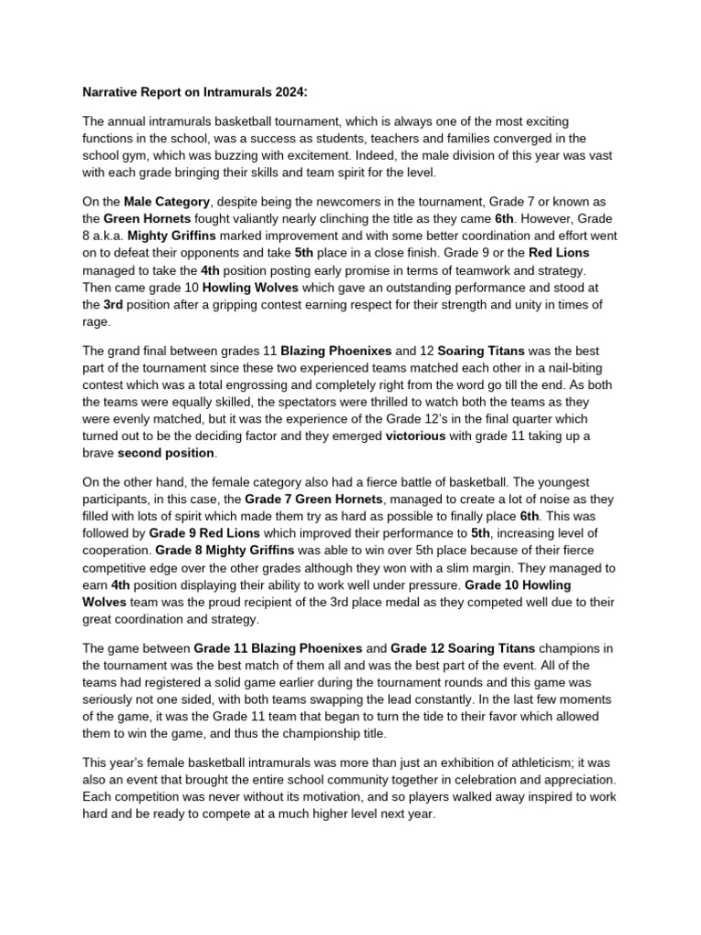 Narrative Report On Intramurals 2024 | PDF