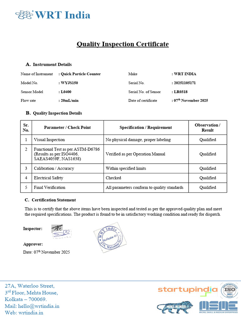 WRT India Quality Inspection Certificate | PDF