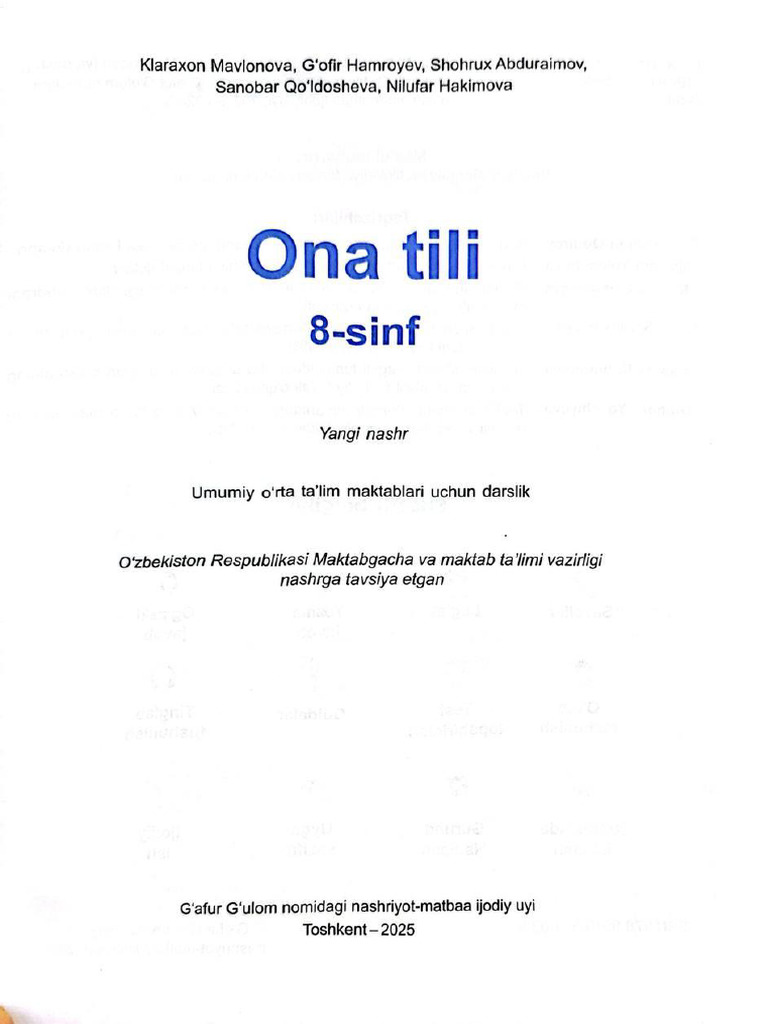 8-Sinf Ona Tili Darslik 2025 | PDF