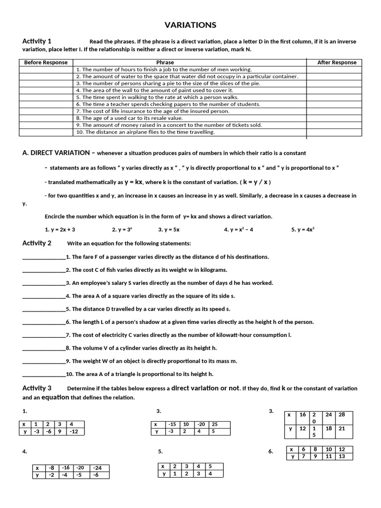 Direct and Inverse Variation Activities | PDF | Mathematics | Physical ...