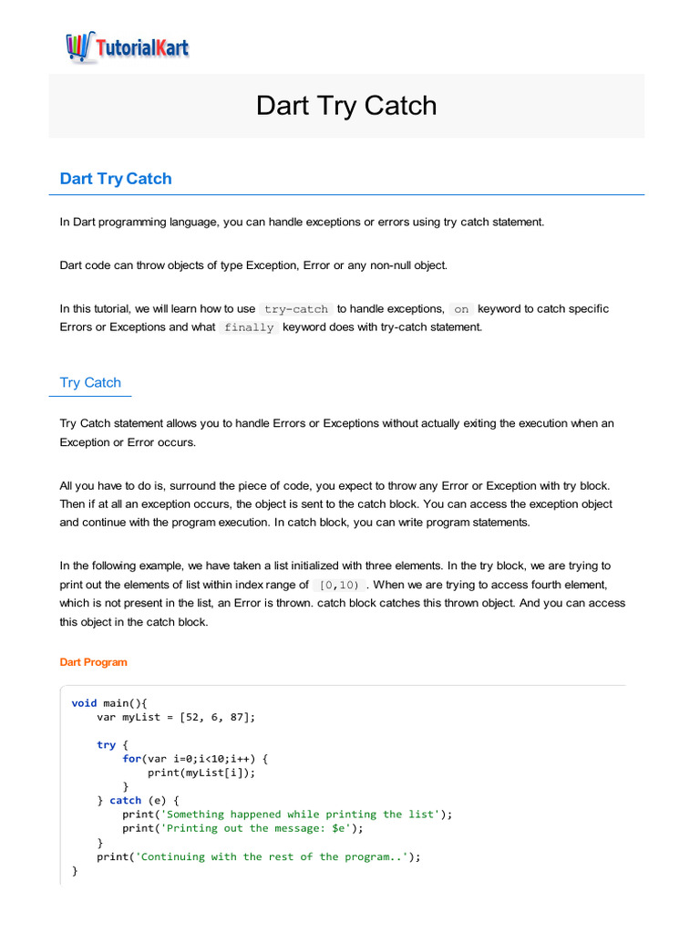 Dart Exception Handling with Try-Catch | PDF | Computer Programming ...