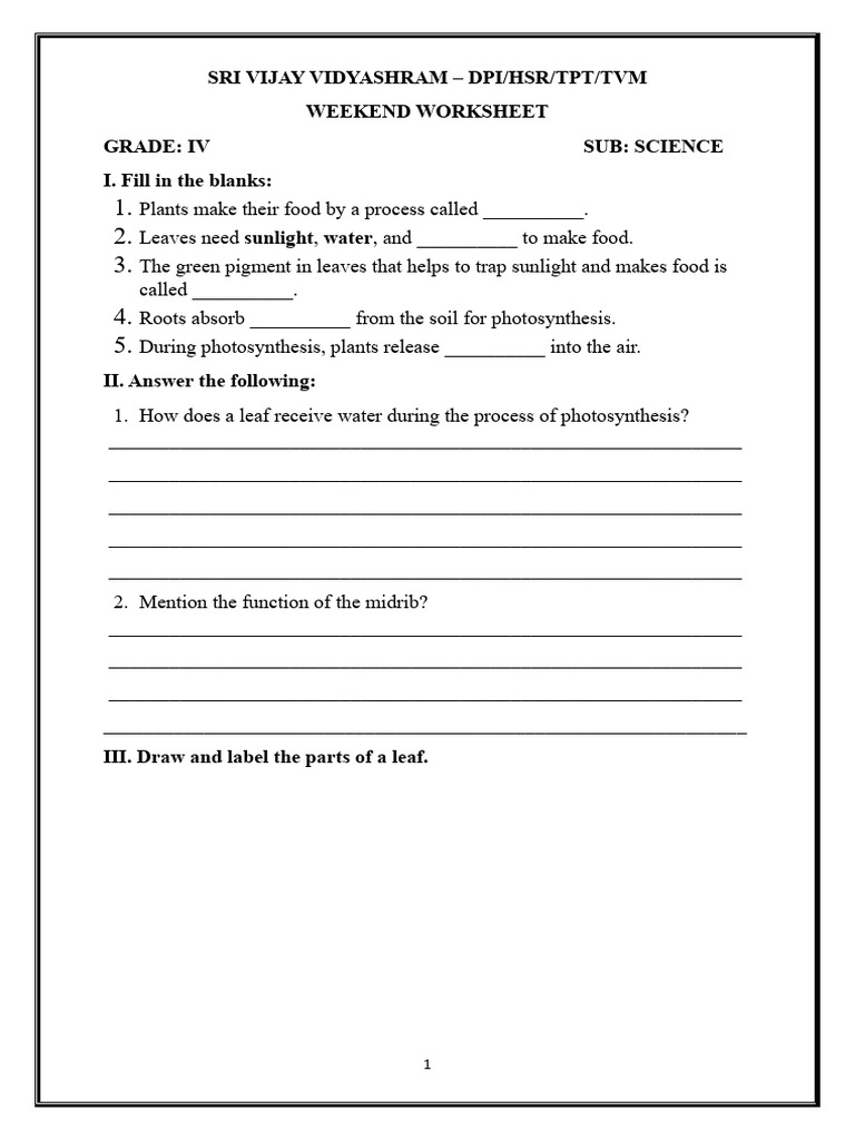 Grade IV Science Weekend Worksheet | PDF