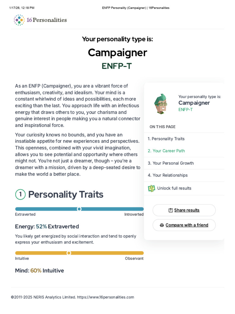 ENFP Personality (Campaigner) - 16personalities | PDF | Psychological ...