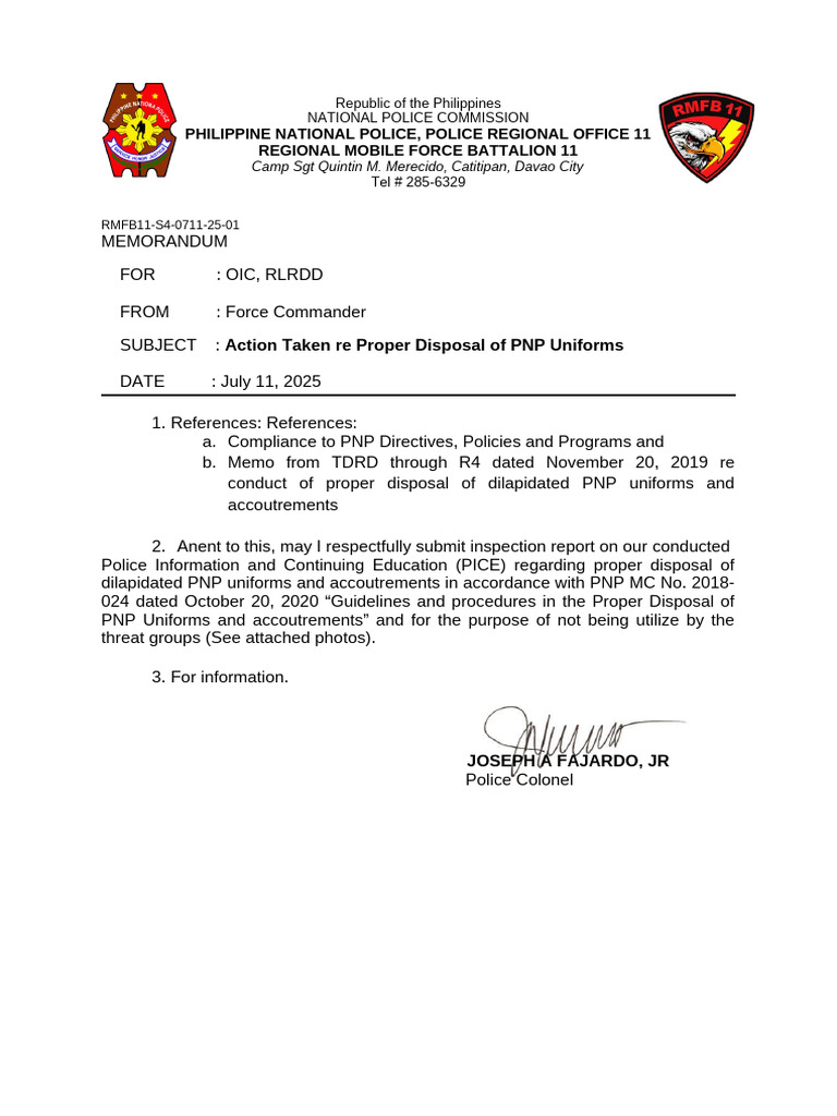 Proper Disposal of PNP Uniforms Memo | PDF | Government | Philippines