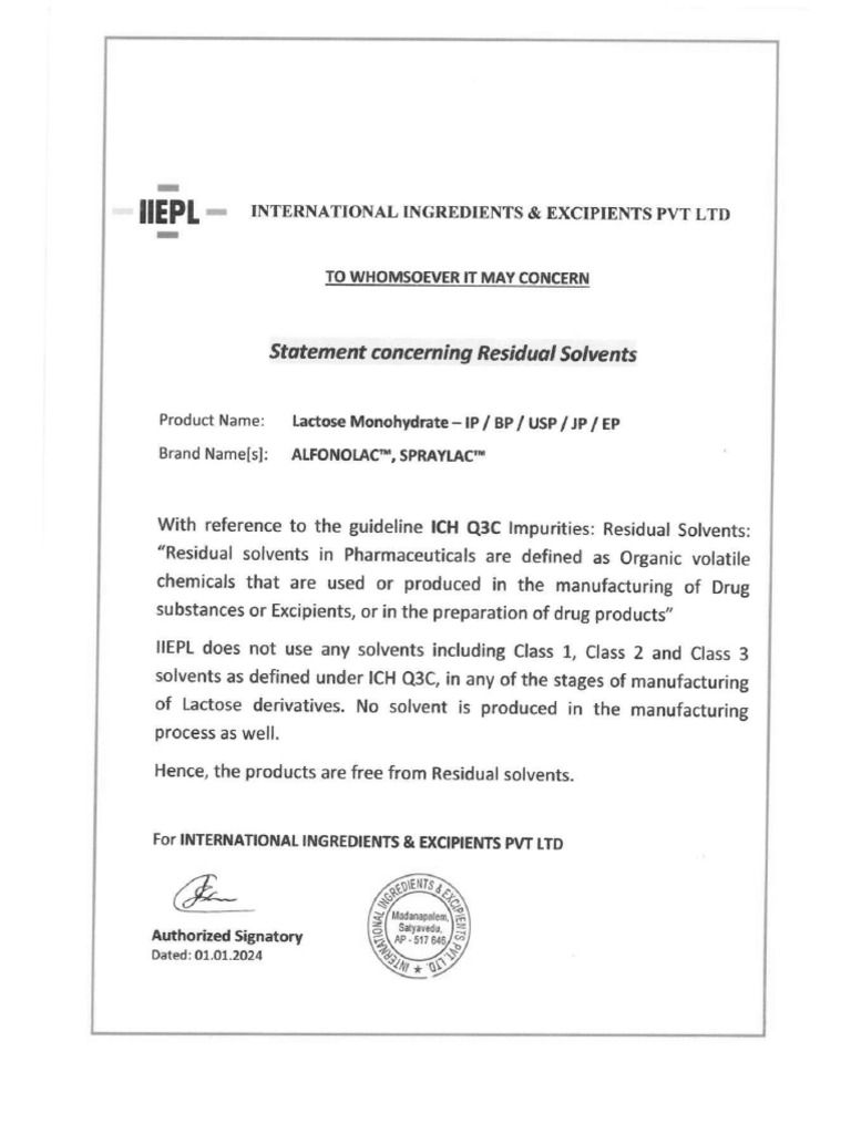 Residual Solvent Declaration | PDF