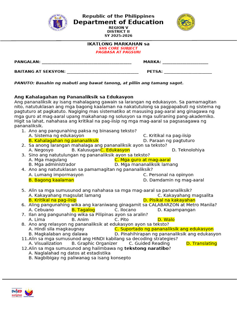 PAGBASA AT PAGSURI - 3rd Periodical Test 2025-2026 Batay Sa Lesson | PDF