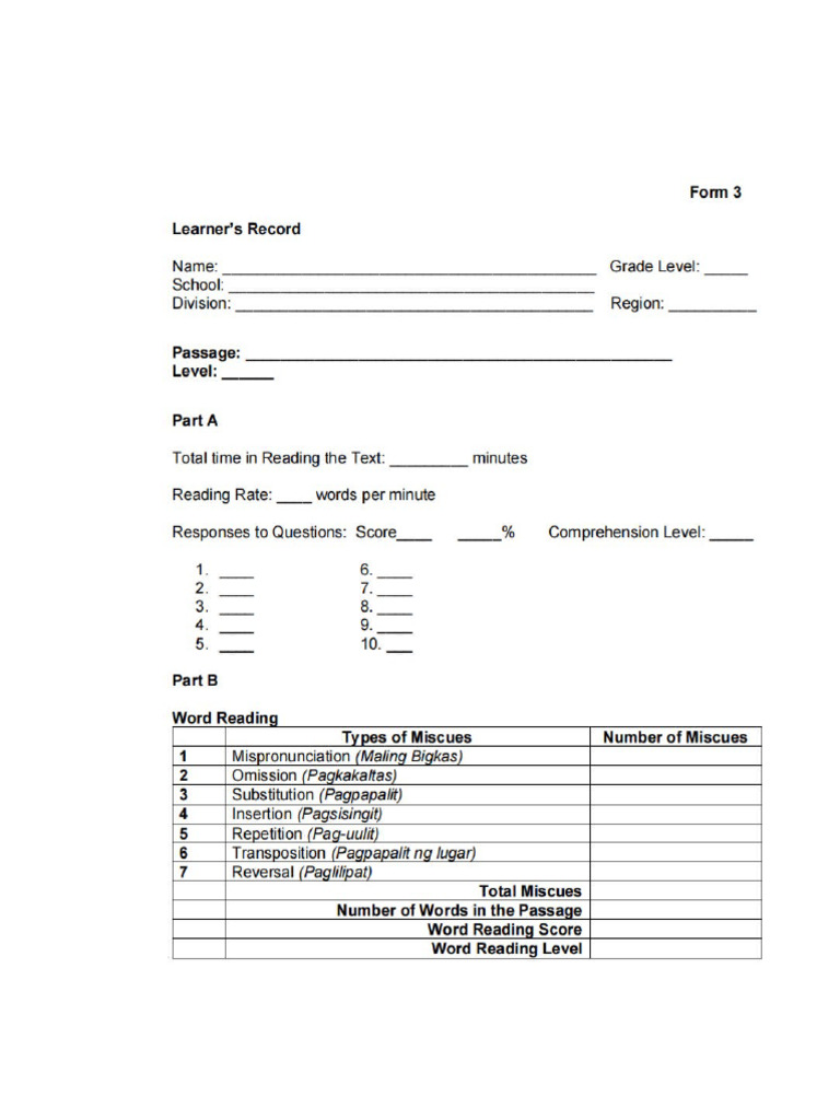 Learners Record Form 3 | PDF