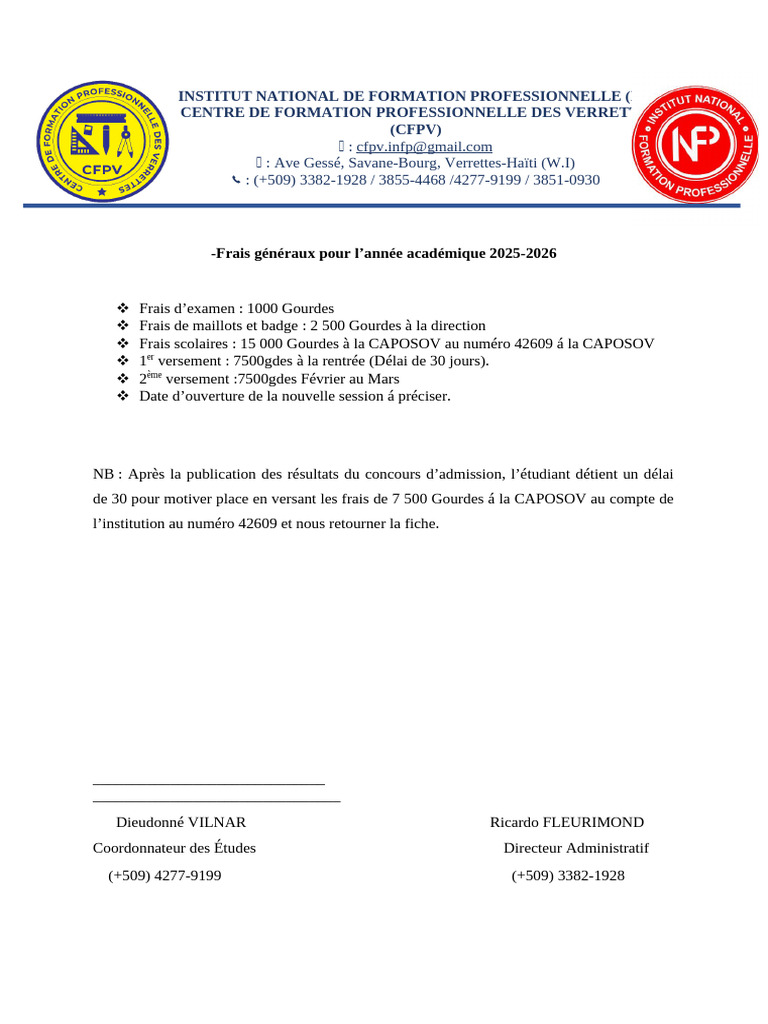 Frais de scolarité 2025-2026 INFP Verrettes | PDF