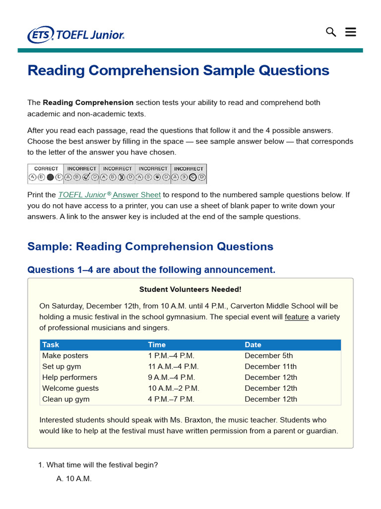 TOEFL Junior Reading Comprehension Samples | PDF | Test Of English As A ...
