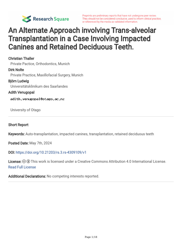 Trans-alveolar Tooth Transplantation Case Study | PDF | Human Tooth ...