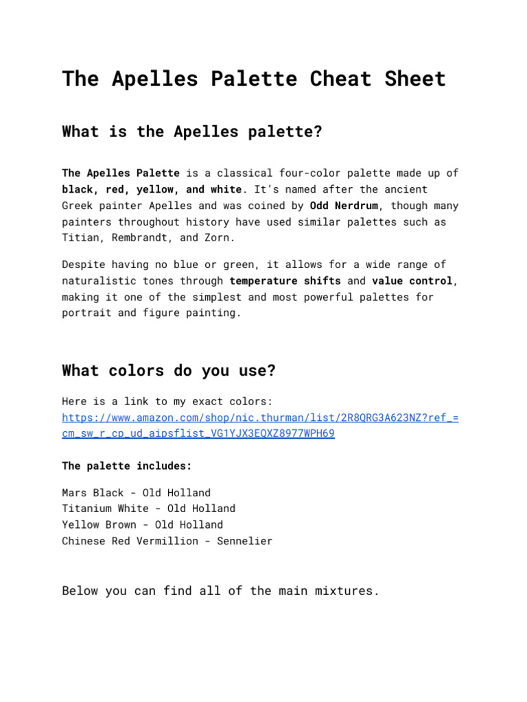 Apelles Palette Cheat Sheet Guide | PDF | Color | Artistic Techniques