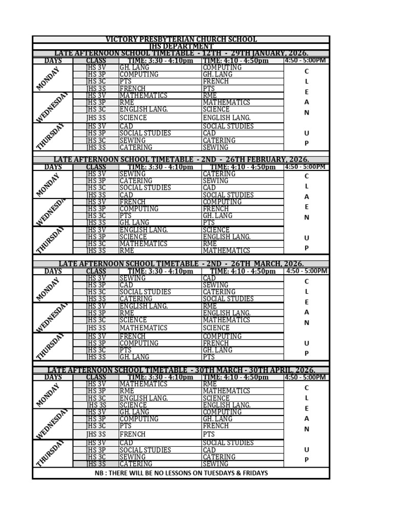 JHS 3 Late Afternoon Timetable | PDF
