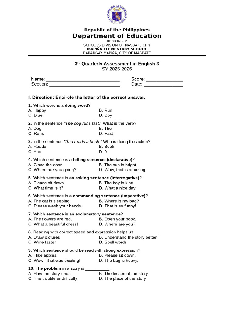 English 3 Quarterly Assessment Guide | PDF