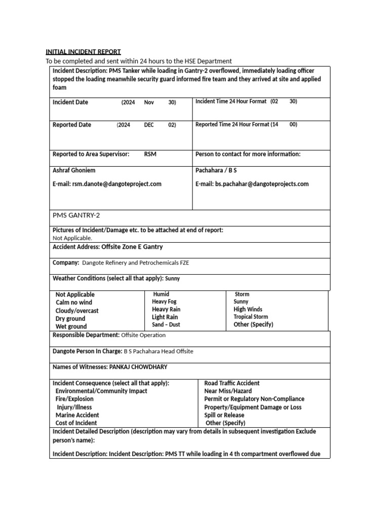 PMS Tanker Overflow Incident Report | PDF | Tropical Cyclones | Natural ...