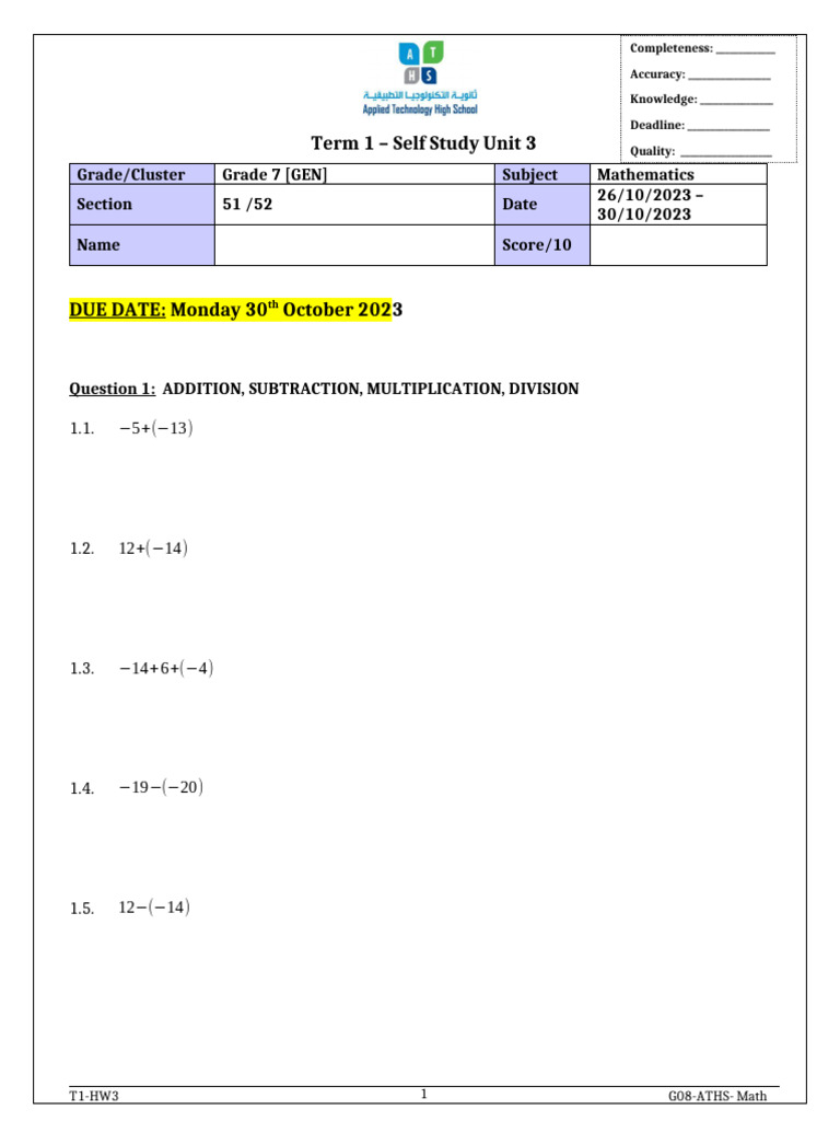 Grade 7 Math Self Study Unit 3 | PDF