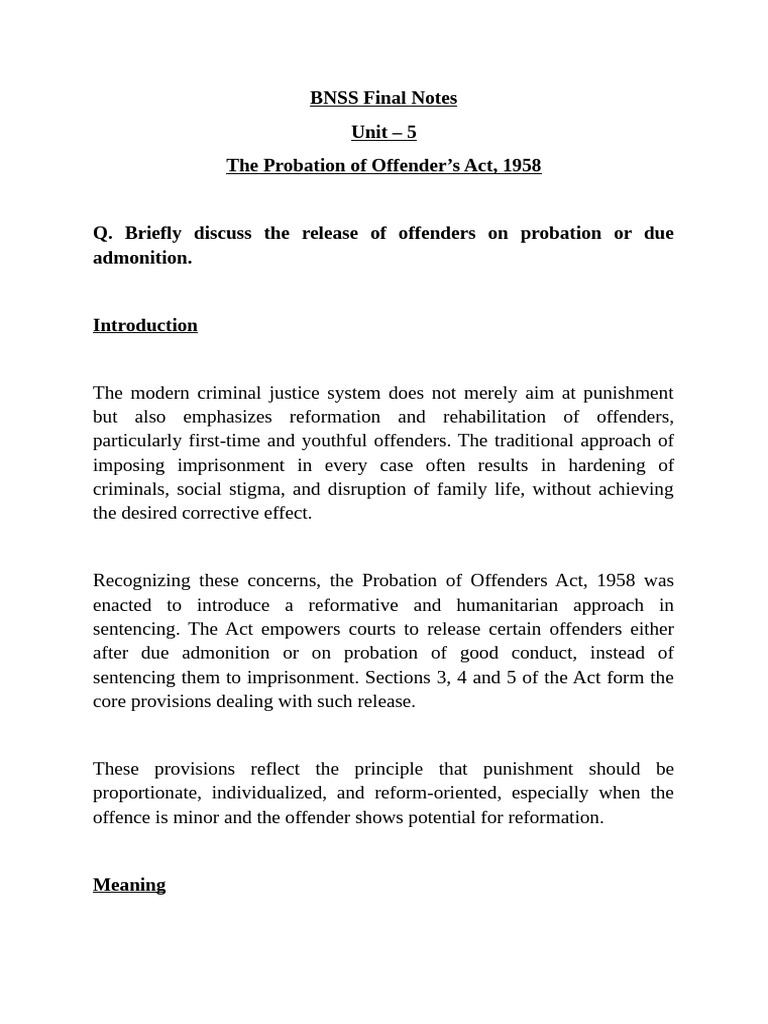 BNSS Final Notes (Unit - 5) | PDF | Probation | Crimes