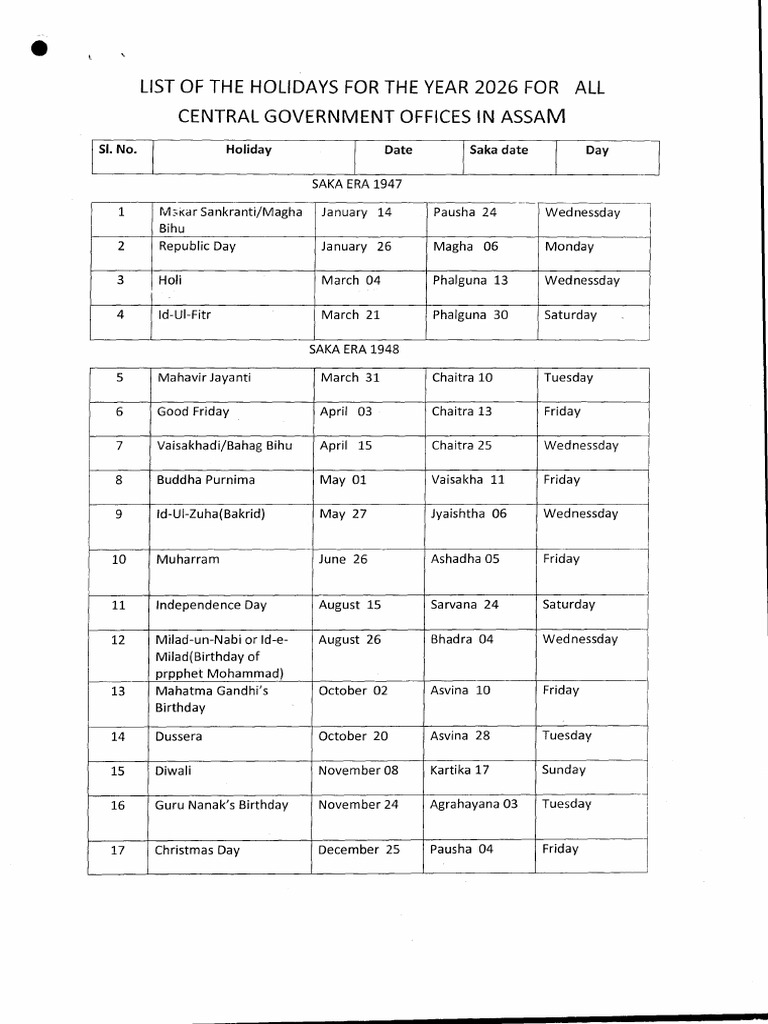 Holiday List 2026 | PDF