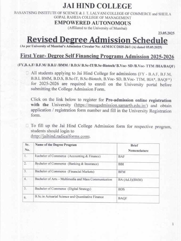 Revised Degree Admission Schedule Unaided 2025 2026 | PDF