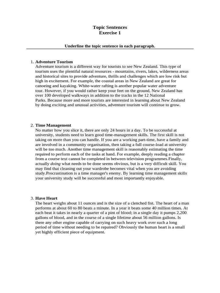 Topic Sentences Exercise 1 | PDF