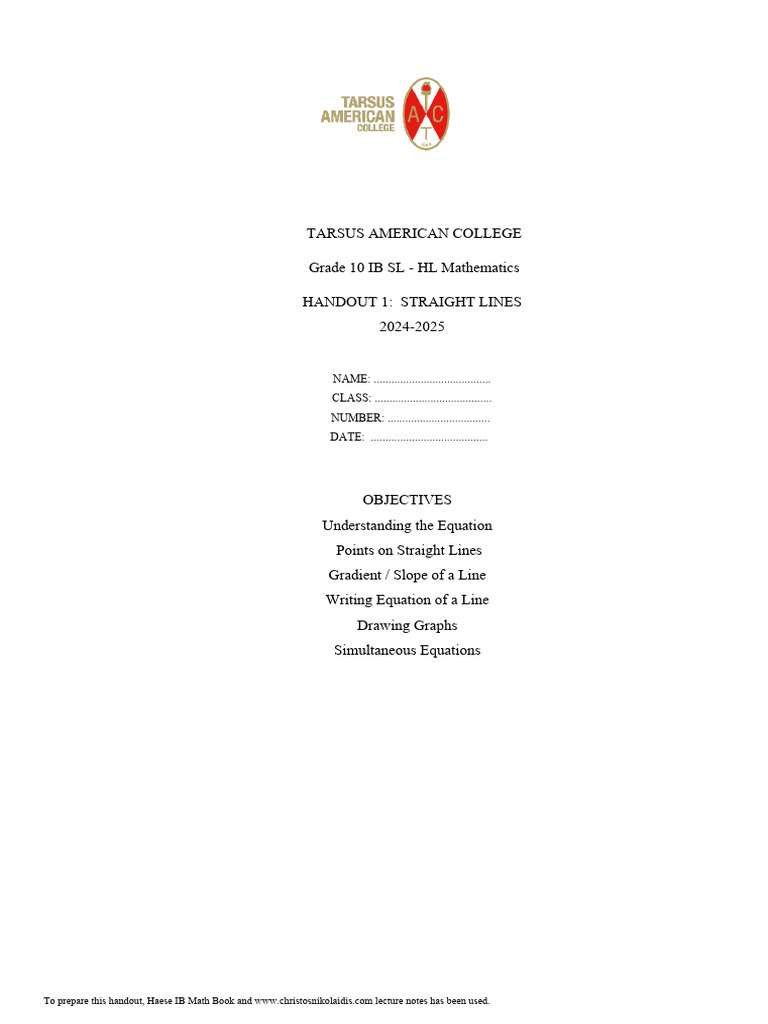 1. 10IB Handout - Straight Lines | PDF | Equations | Slope