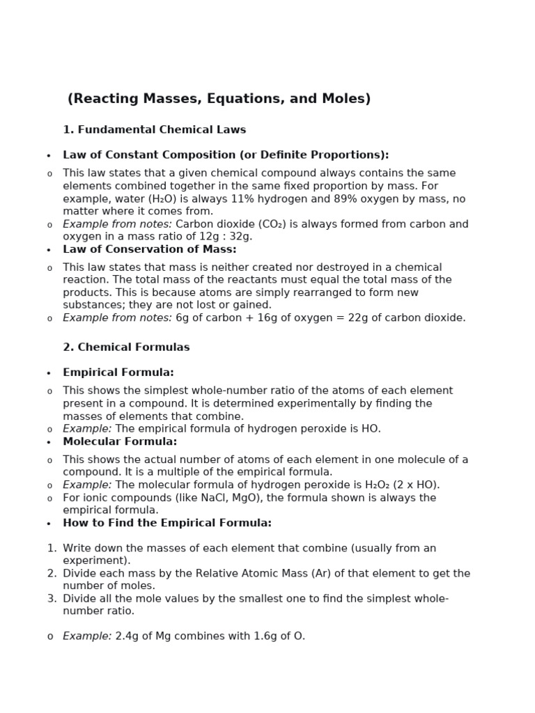 mass, equation and moles note | PDF | Mole (Unit) | Molecules