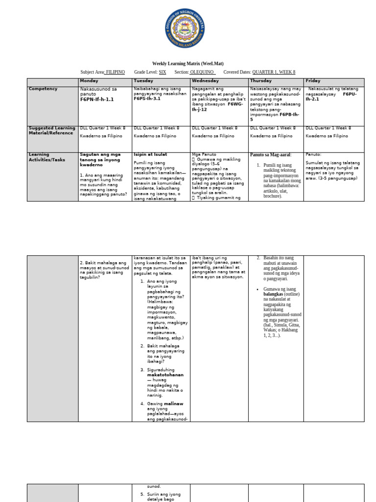 Weekly Learning Matrix-Filipino 6 | PDF
