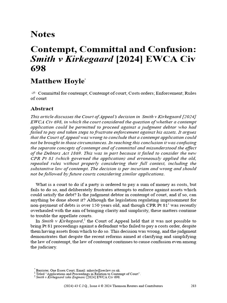 Contempt and Committal in Smith v Kirkegaard | PDF | Contempt Of Court ...